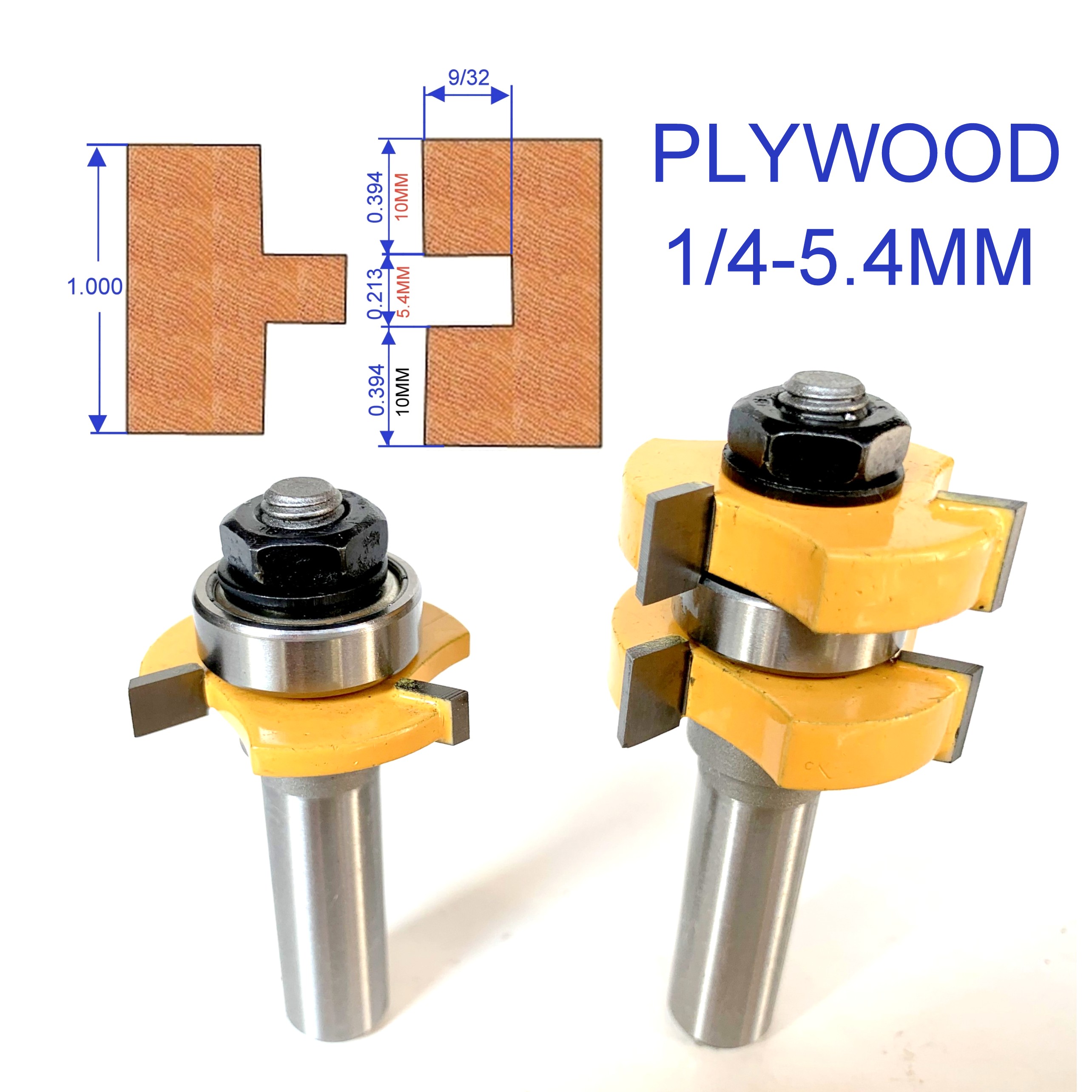 2 pc 1/2" SH 1" Stock 1/4 Plywood 5.4MM Tongue & Groove Router Bit Set ...