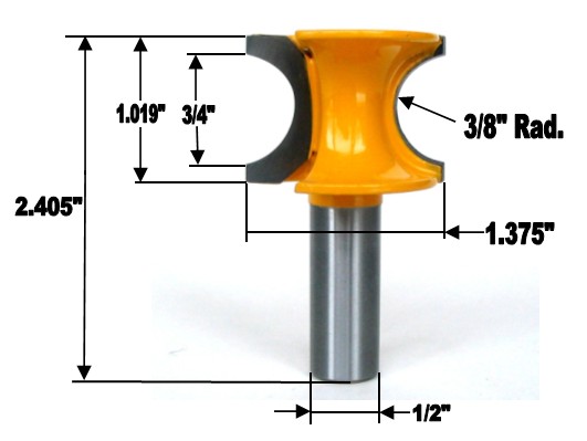 5pc 1/2" Shank Half Round Bullnose 3/8,5/16,1/4,3/16.1/8 Router Bit Set ...