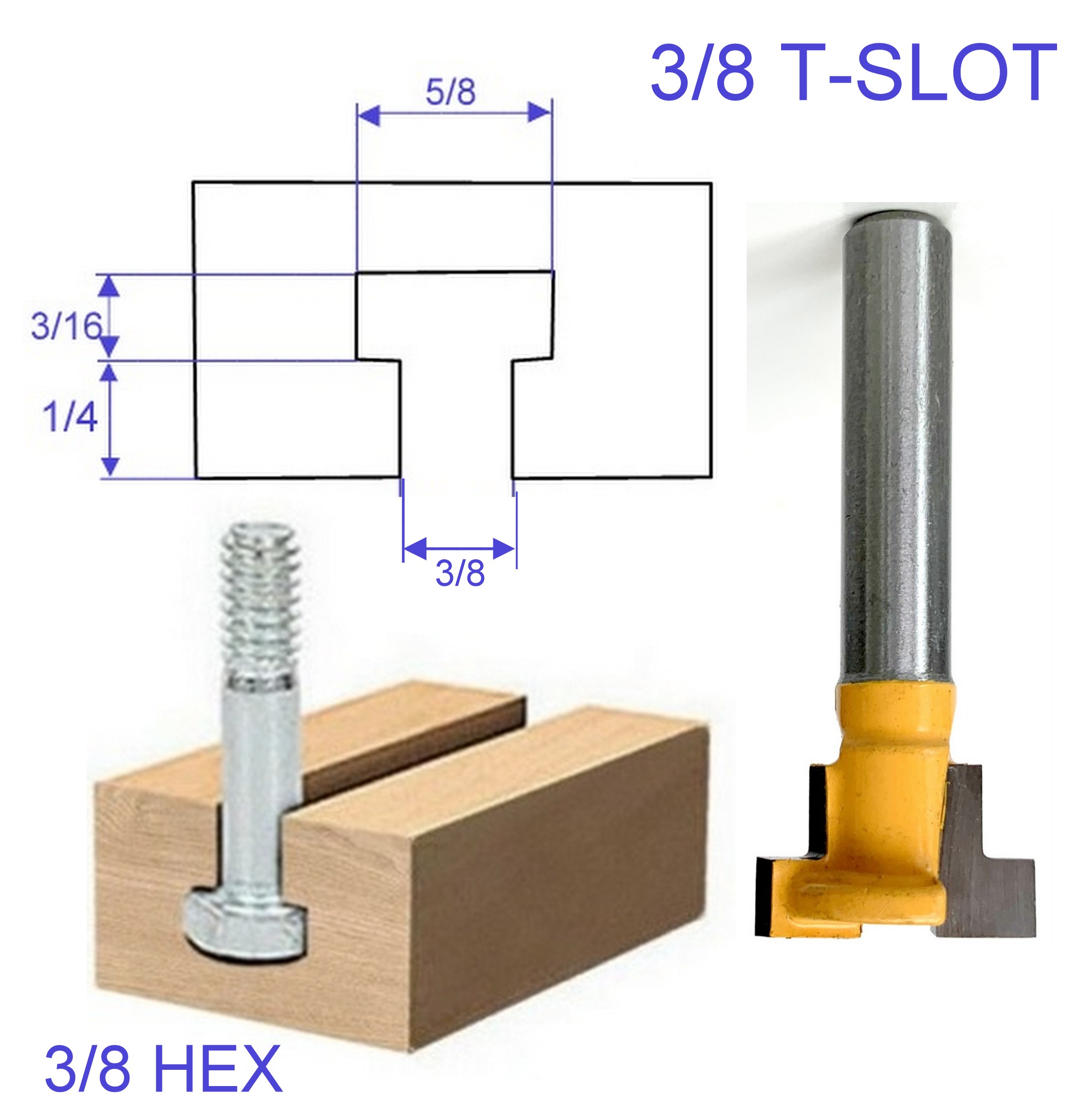 1 pc 1/4" SH T-Slot & T-Track Slotting For 3/8" Hex Bolt Router Bit ...